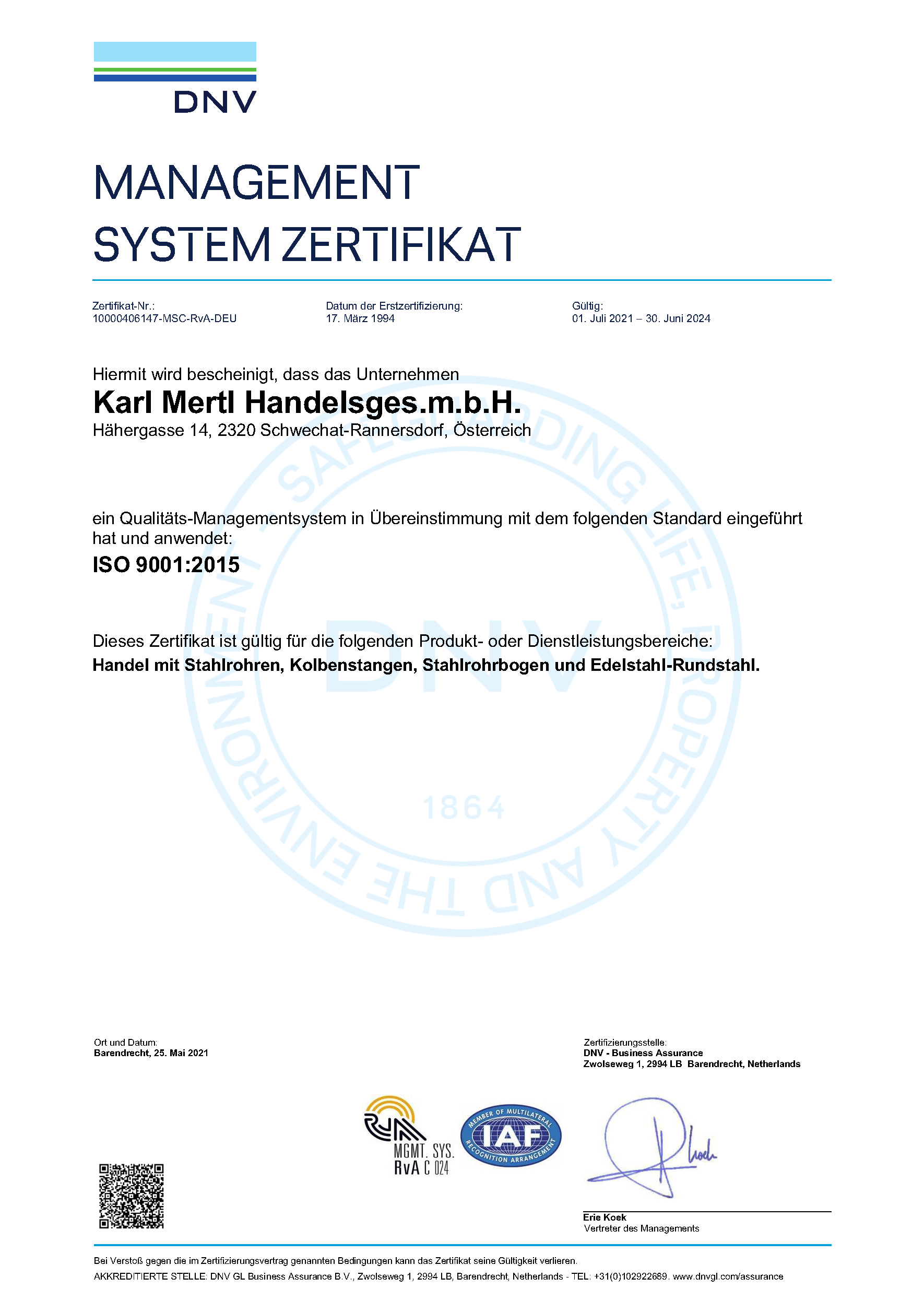 Quality management certificate – Rohr Mertl